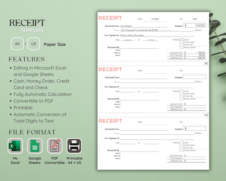 Editable Receipt Template: Excel & Google Sheets (printable PDF) - Etsy