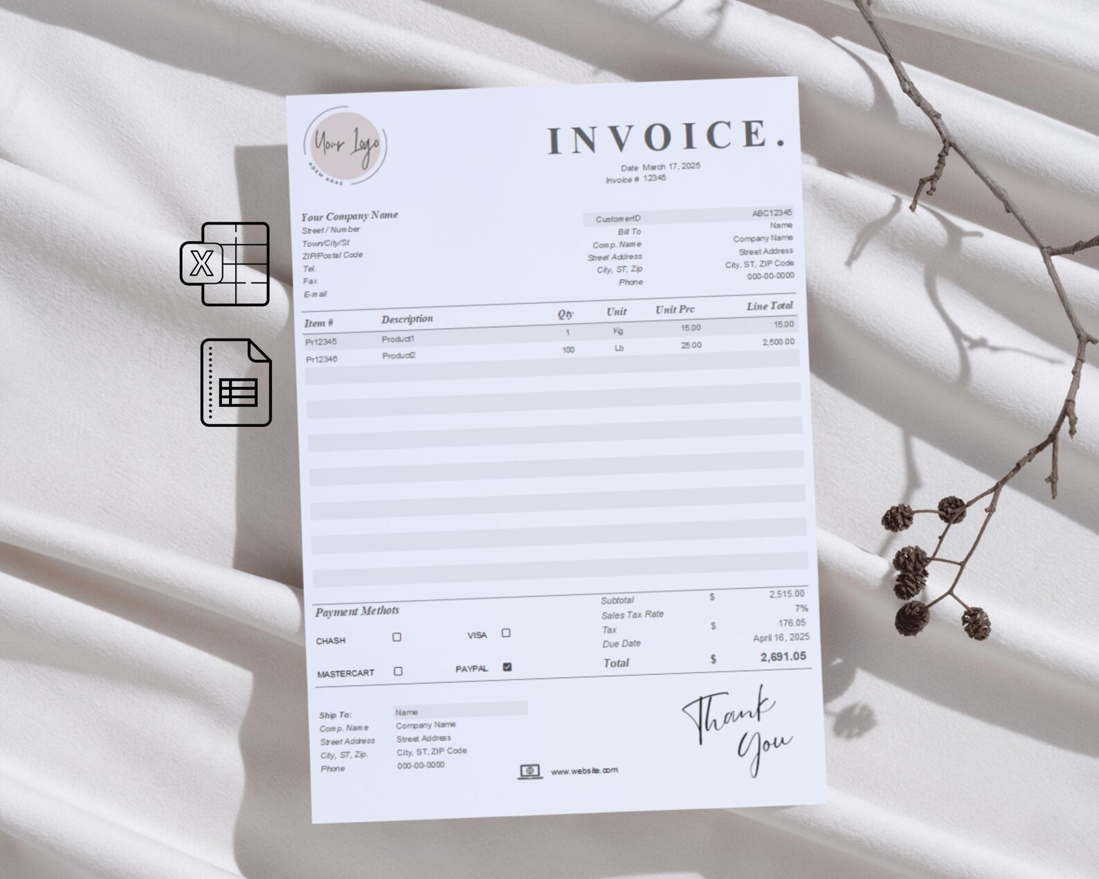 Advanced Invoice Template: Excel & Google Sheets (printable PDF) - Etsy