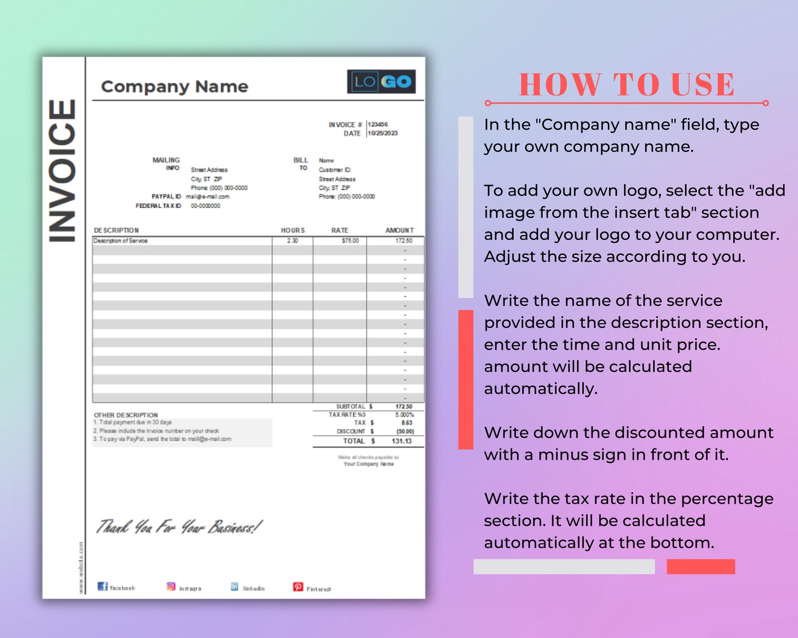 Hourly Invoice Template Excel and Google Sheets, Convertible Pdf With ...