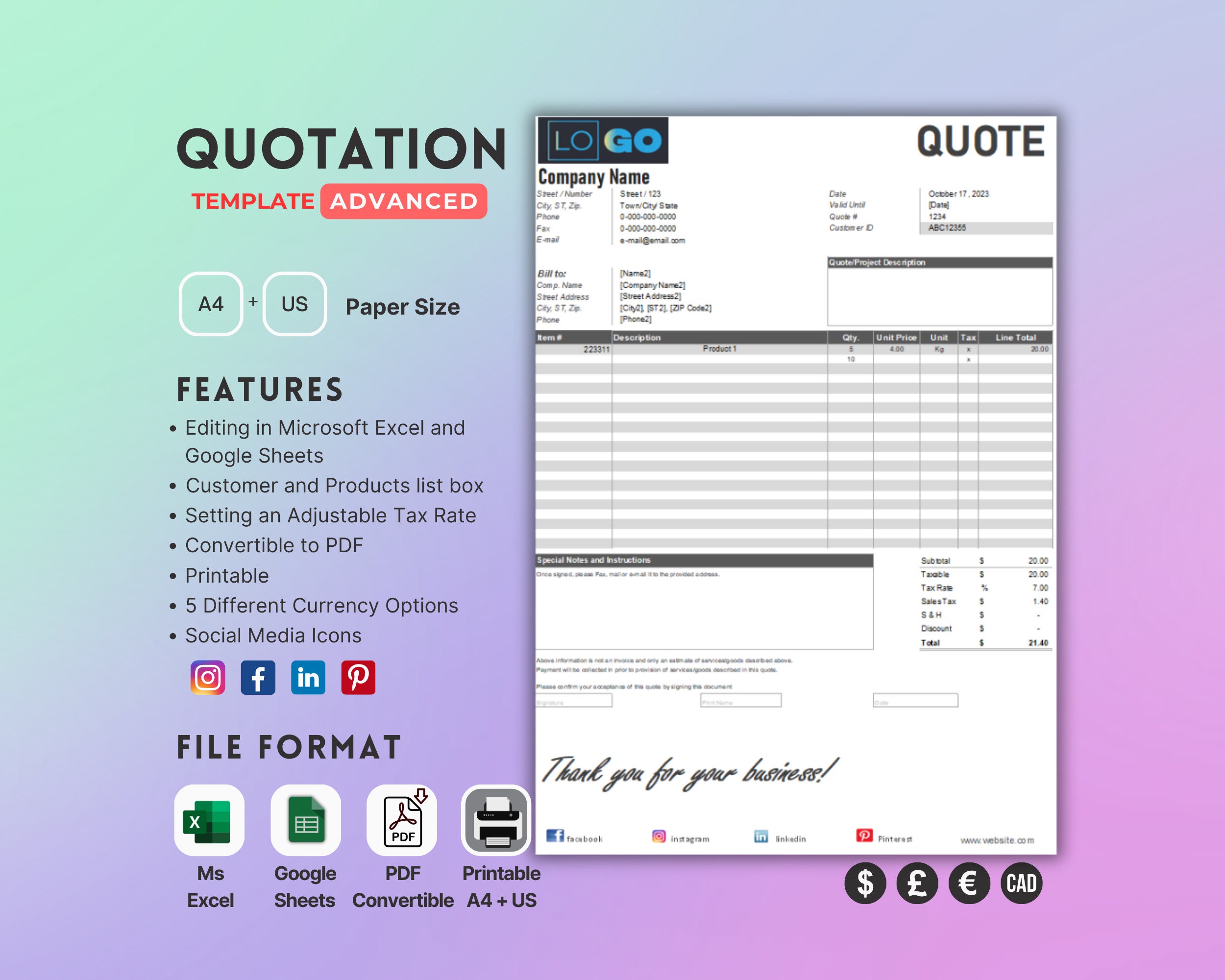 Advanced Quote Template, Excel, Google Sheets, PDF Convertible, Quote ...