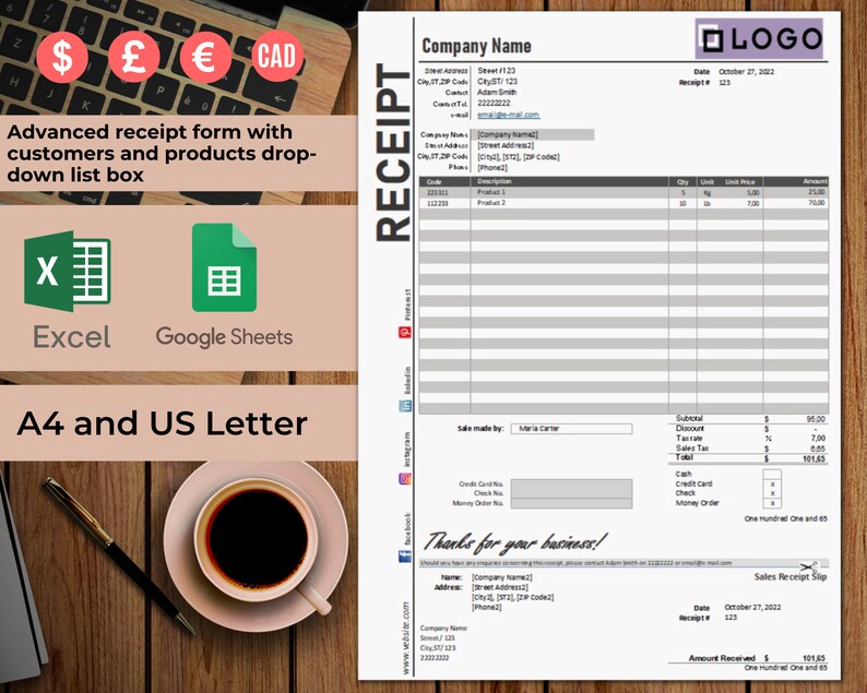 Advanced Receipt Template Excel Google Sheets Convertible - Etsy