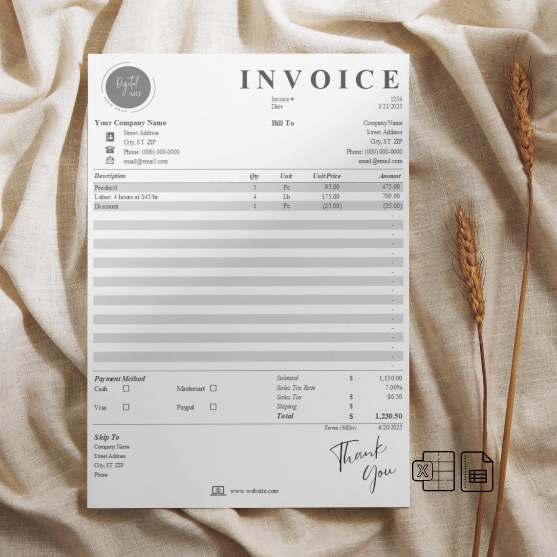 Invoice Template Excel and Google Sheets, Easy Invoice Template With ...