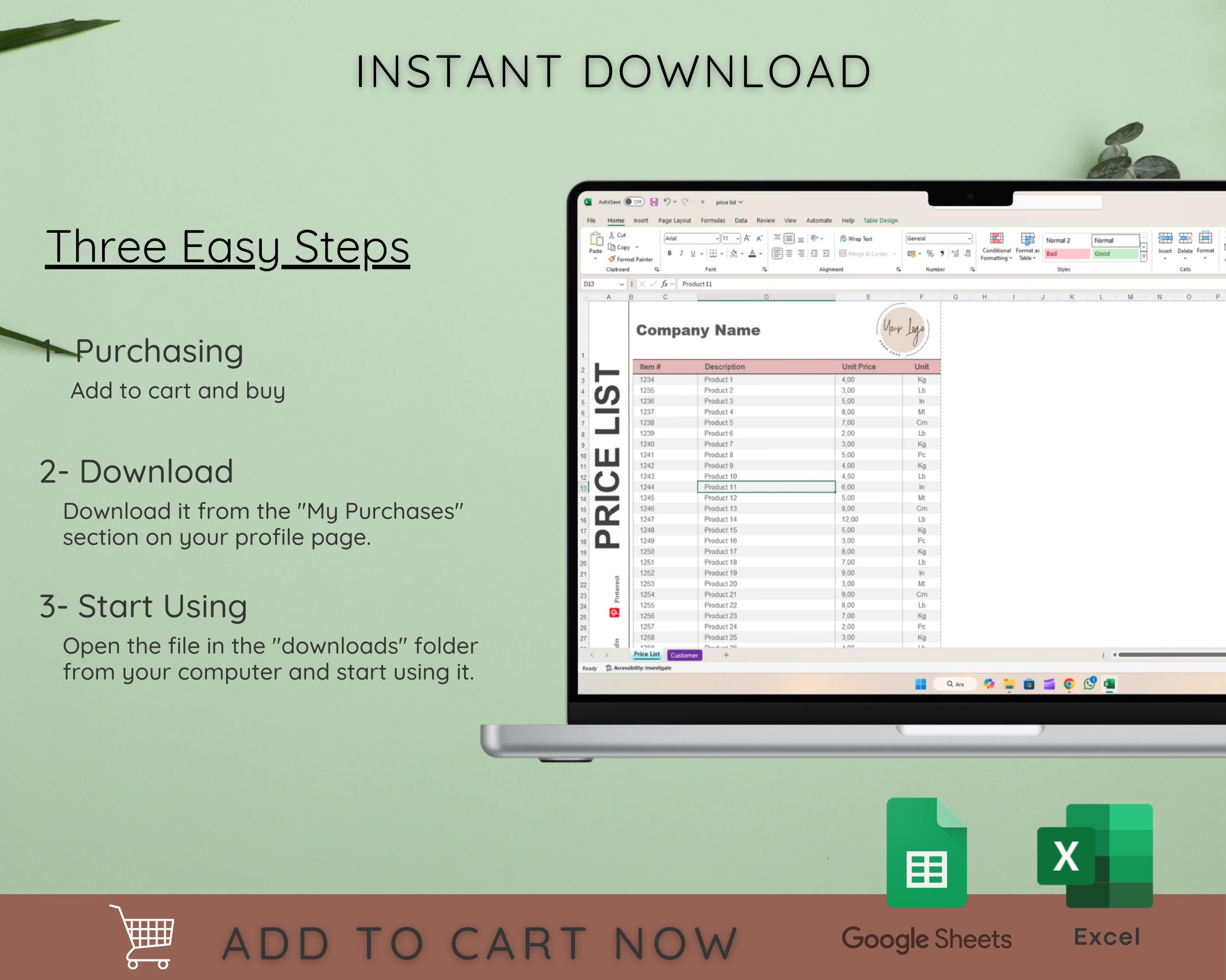 Price List Template, Microsoft Excel, Google Sheets, PDF Convertible ...
