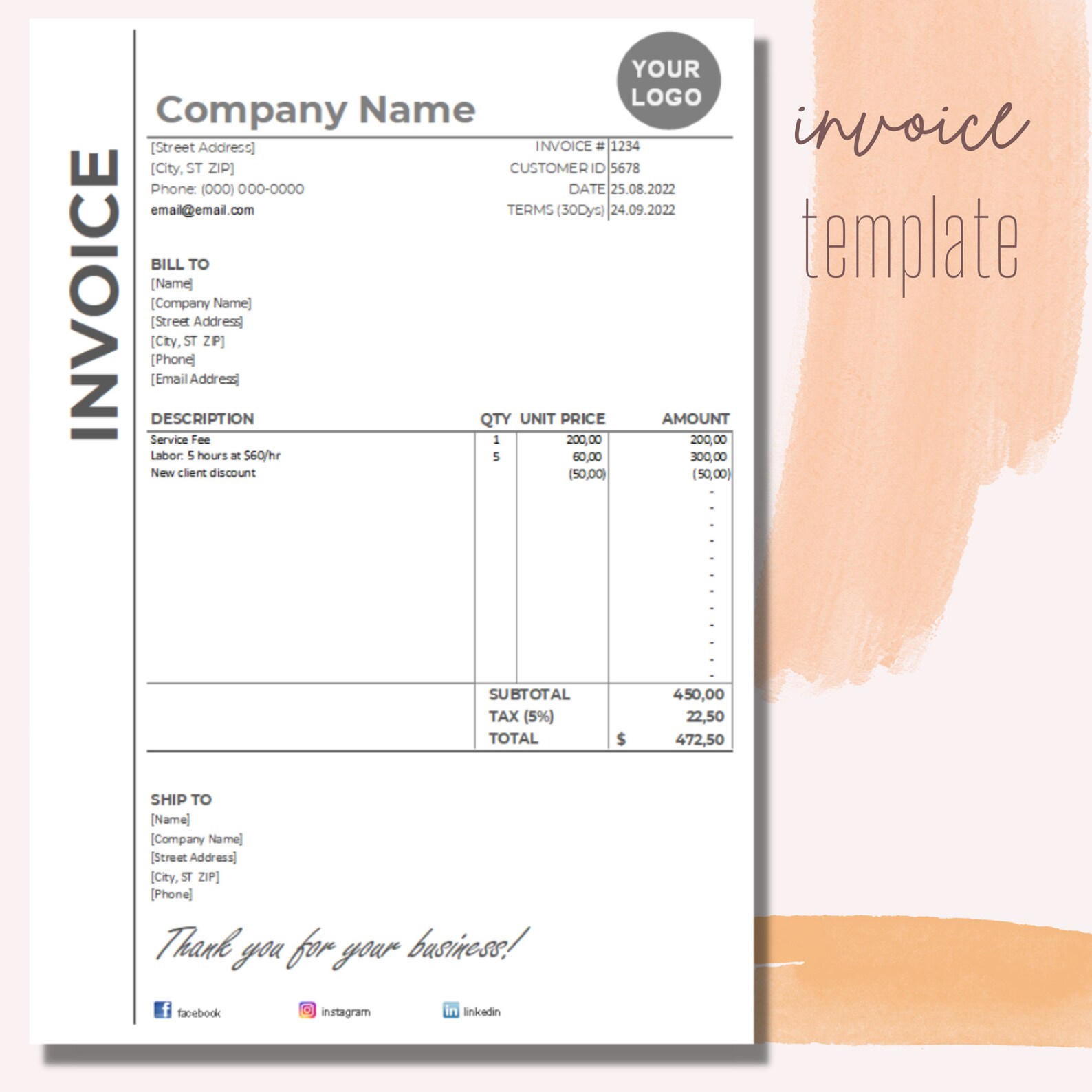 Invoice Template Excel and Google Sheets Easy Invoice - Etsy