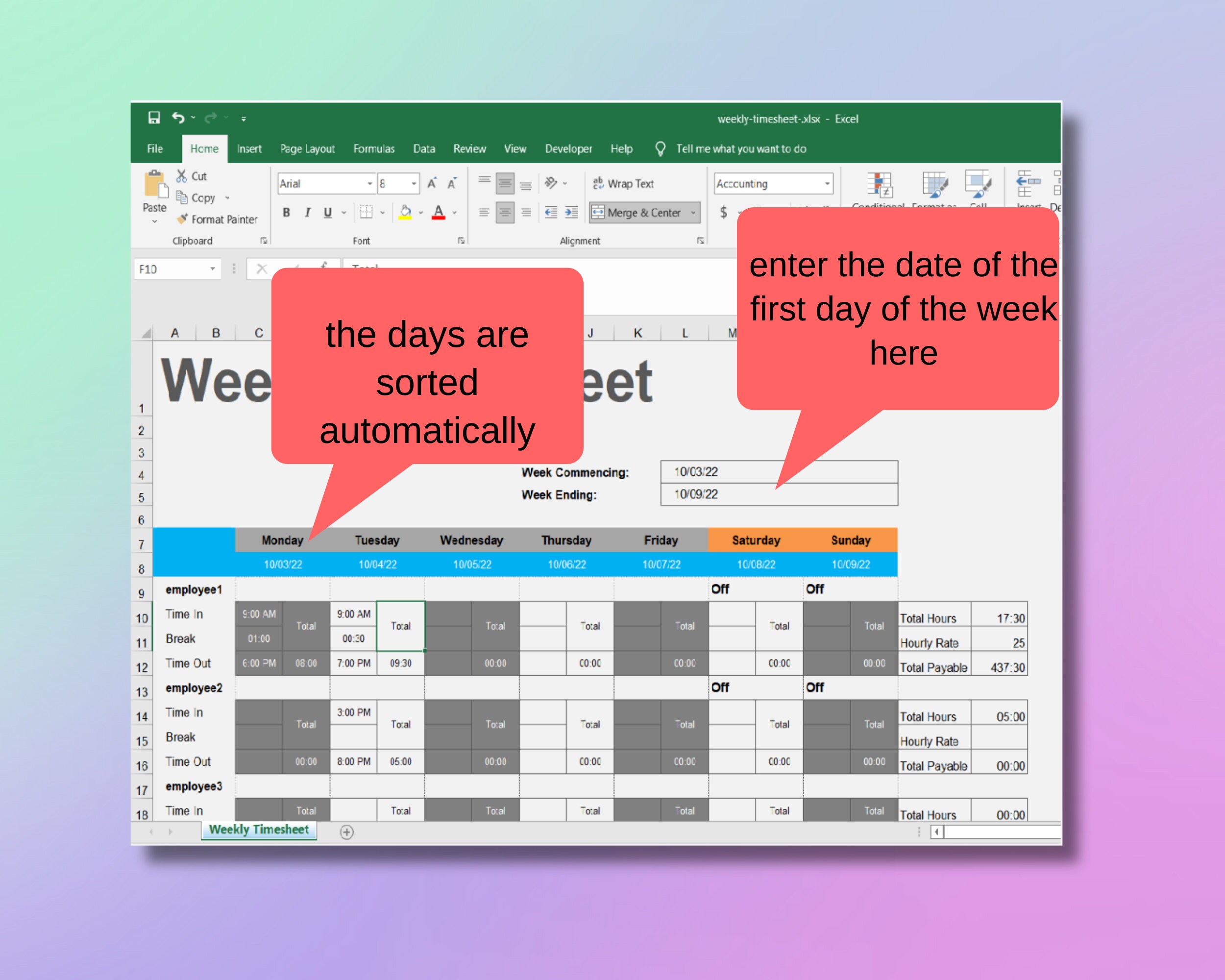 Weekly Time Sheet for Multiple Employees With Breaks, Scheduler ...