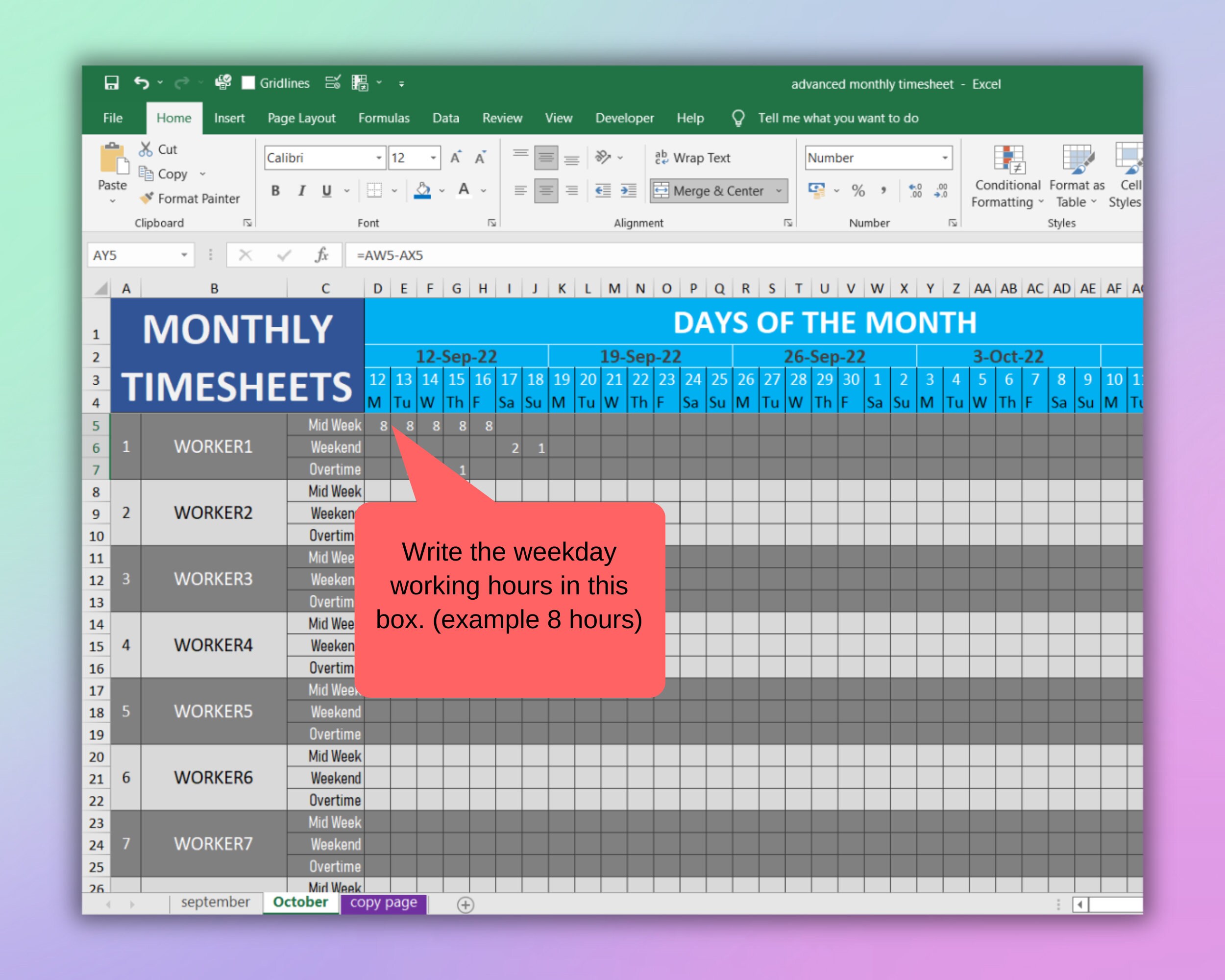 For Multiple Employees Monthly Time Chart, Employee Work Schedule ...