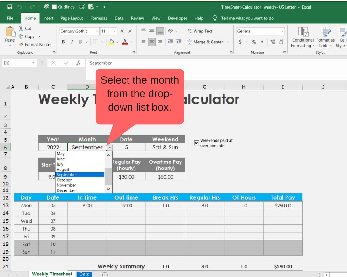 Weekly Timesheets Employee Table, With Break, Salary Calculator, Excel ...