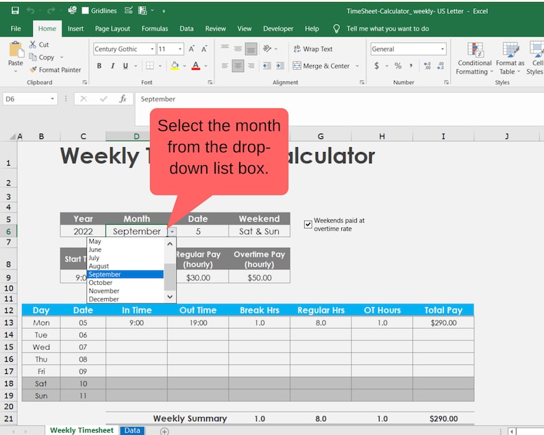 Weekly Timesheets Employee Table, With Break, Salary Calculator, Excel ...