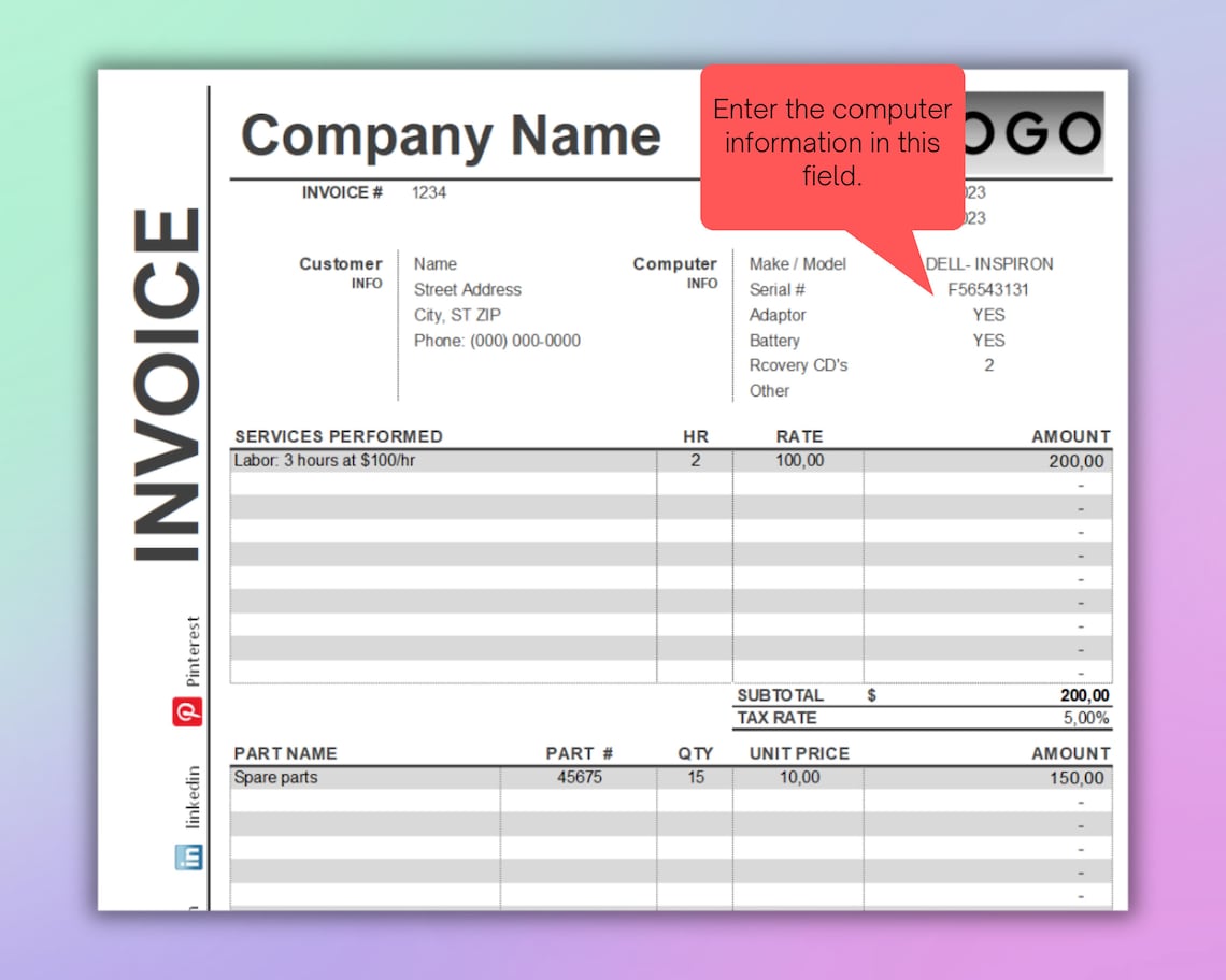 Computer Maintenance and Repair Invoice Template, Excel, Google Sheets ...