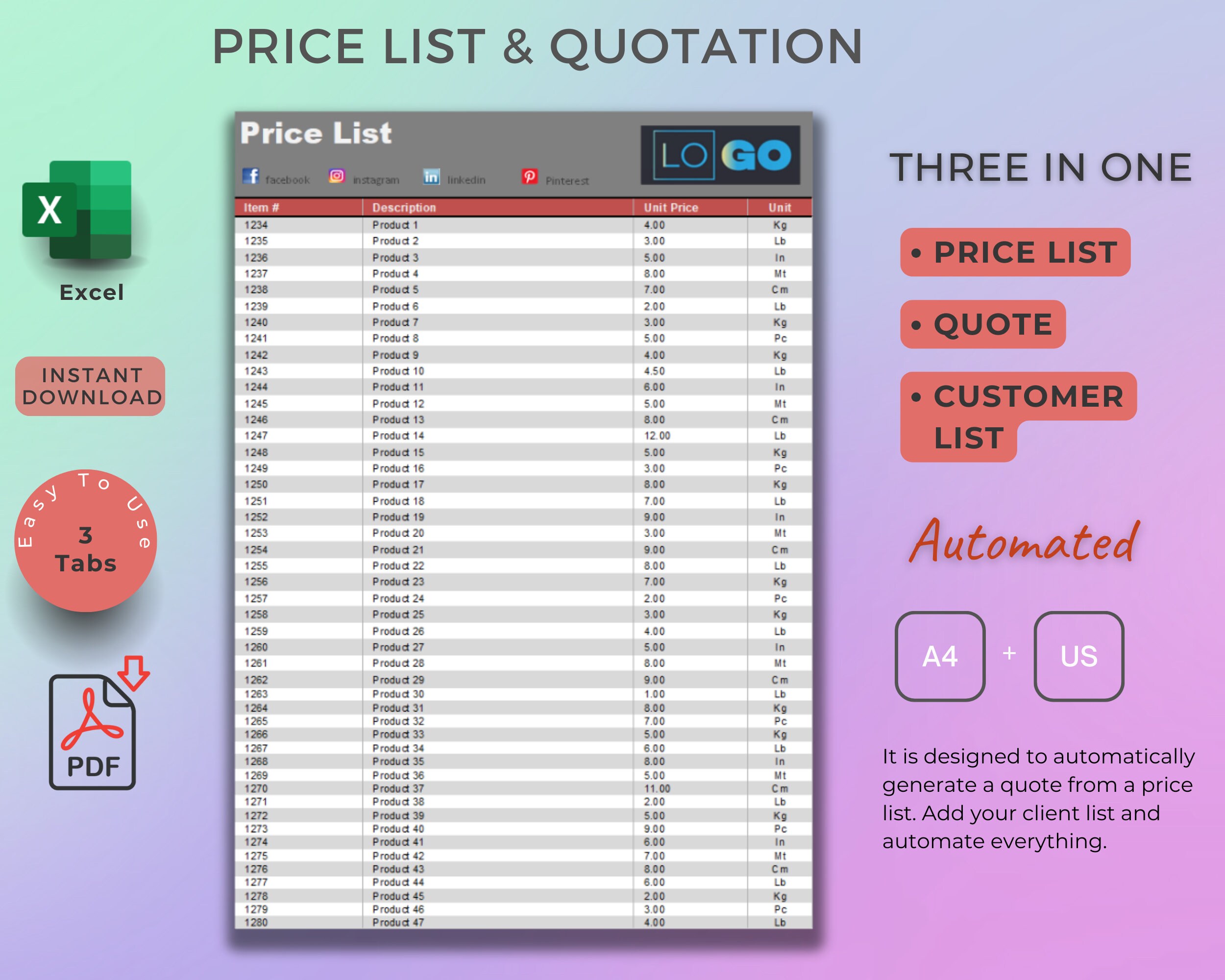 Price List and Quote Template Microsoft Excel PDF - Etsy