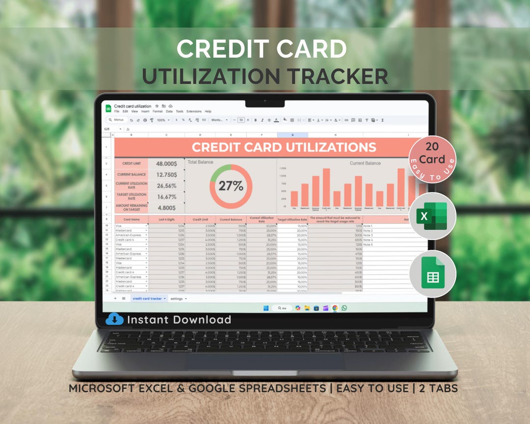 Credit Card Utilization Ms Excel & Google Spreadsheets, Credit Card Tracker, Spreadsheet ...
