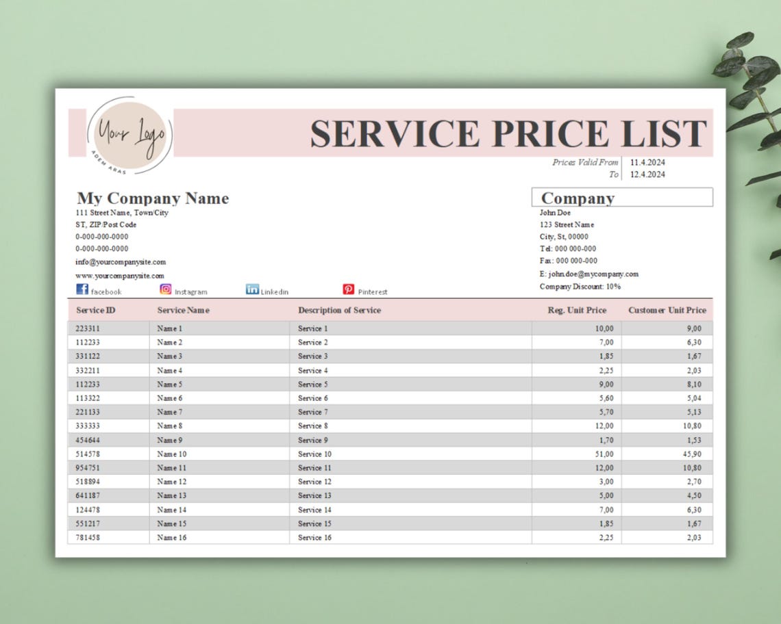 Advanced Price List Template: Excel & Google Sheets (PDF) - Etsy