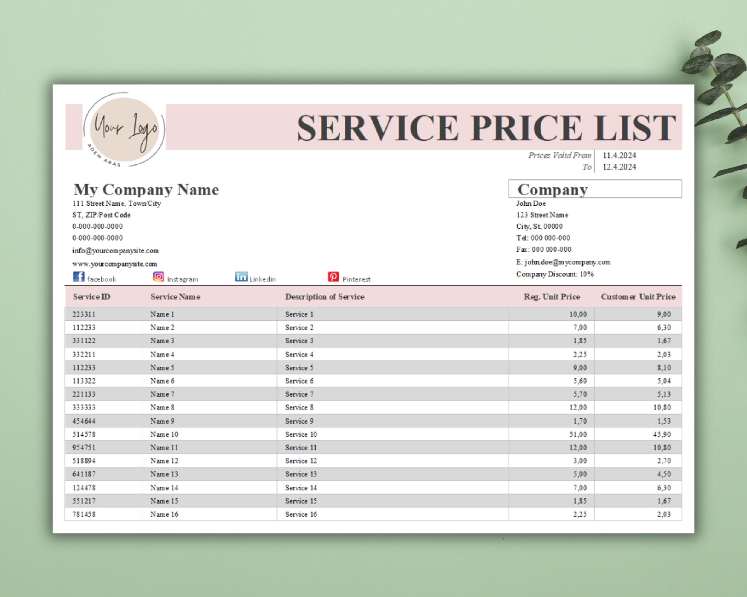 Advanced Price List Template: Excel & Google Sheets (PDF) - Etsy