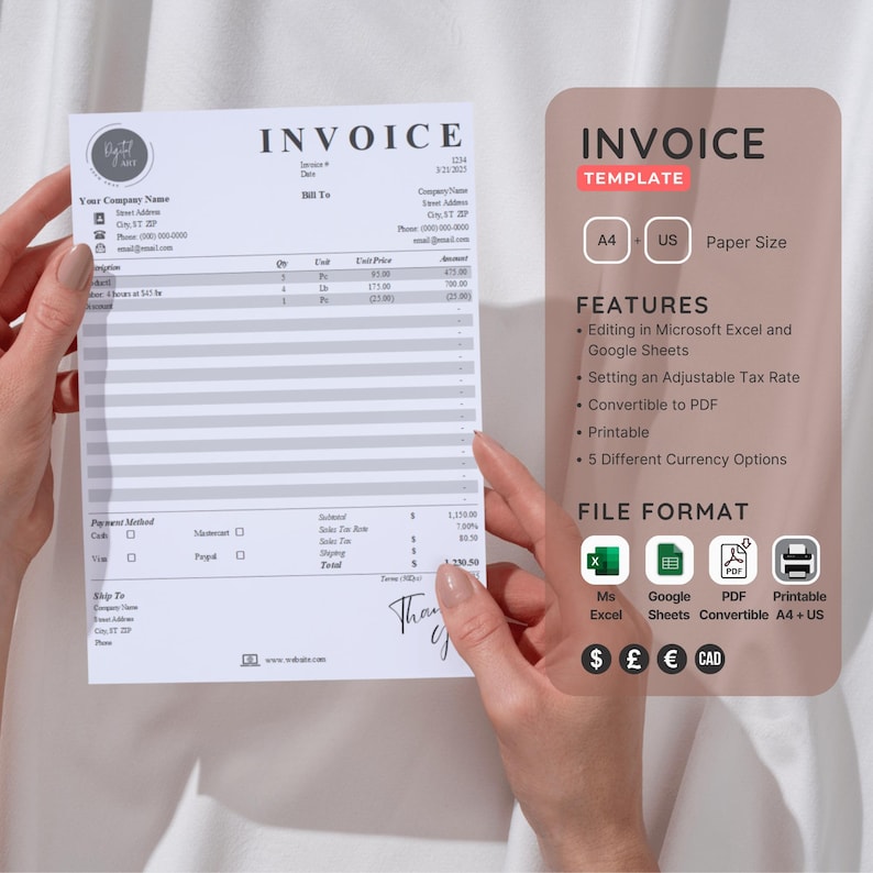 Editable Invoice Template, Excel & Google Sheets, Printable (PDF) - Etsy