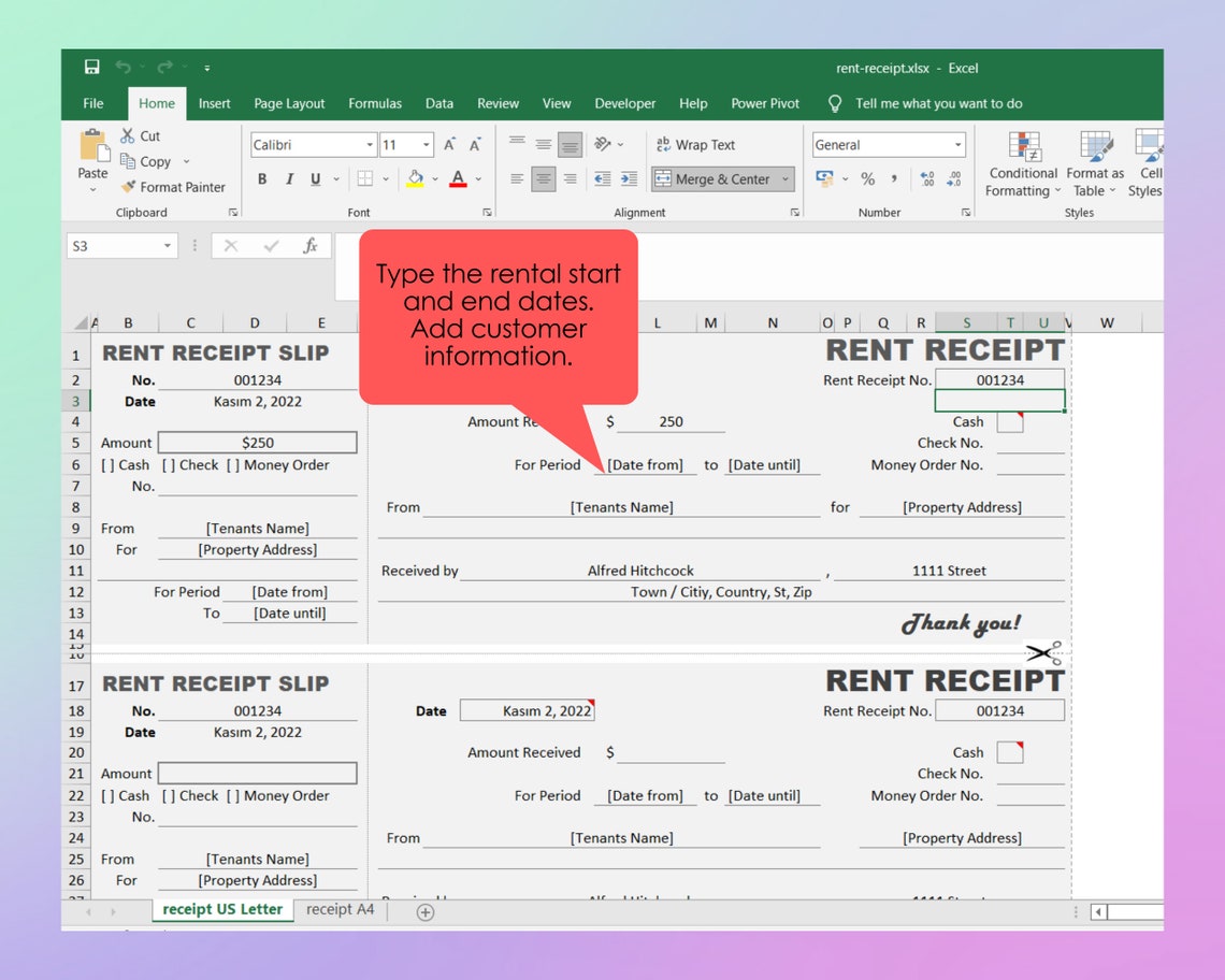 Rental Receipt Template, Excel, Google Sheets, PDF, Receipt Form, for ...