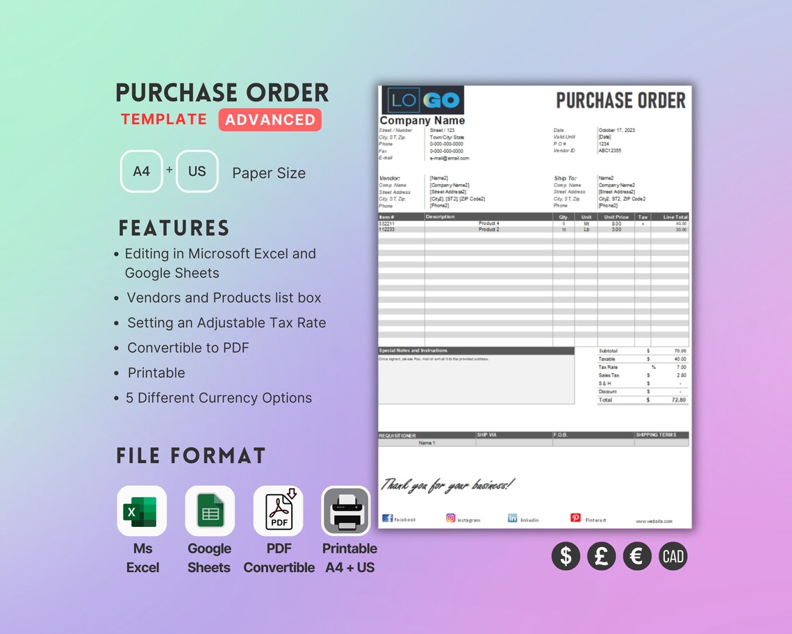 Advanced Purchase Order Form Template, Google Sheets, MS Excel ...