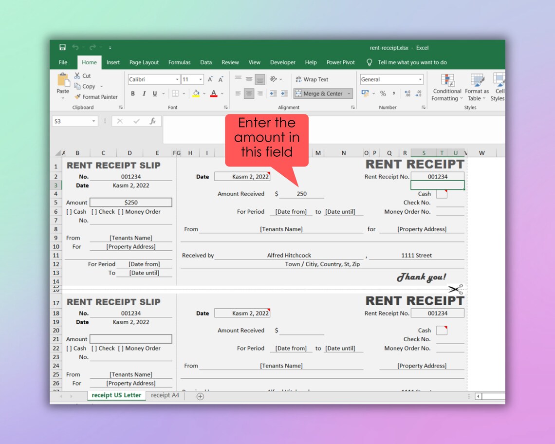Rental Receipt Template, Excel, Google Sheets, PDF, Receipt Form, for ...