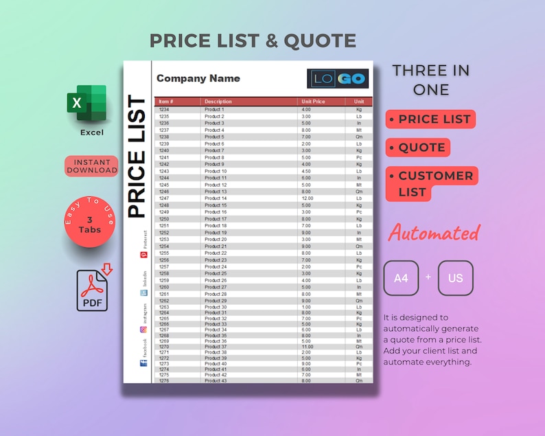 Price List and Quote Template, Microsoft Excel, PDF Convertible ...