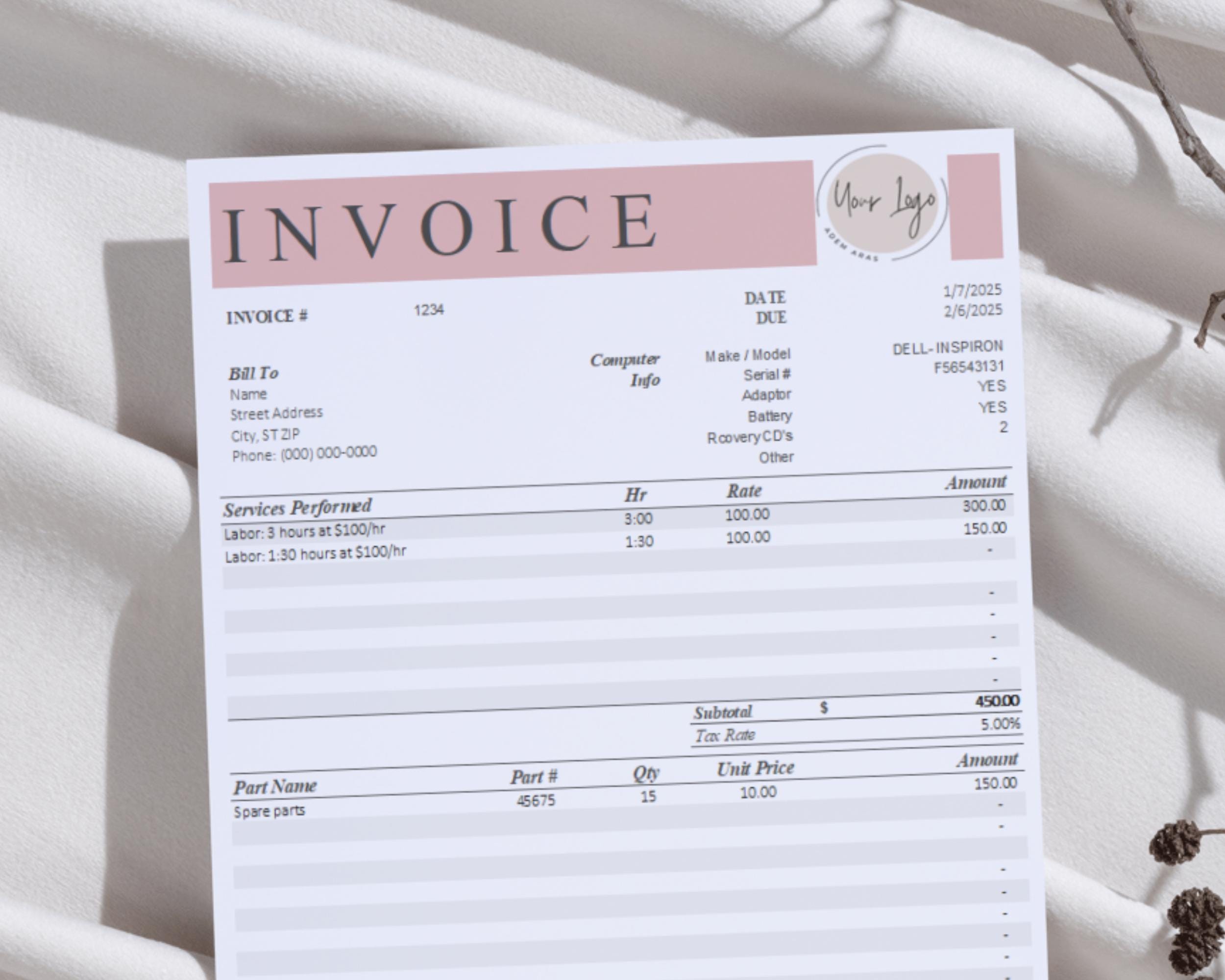 Computer Repair Invoice Template | Editable Excel & Google Sheets | Automatic Calculations | A4 ...