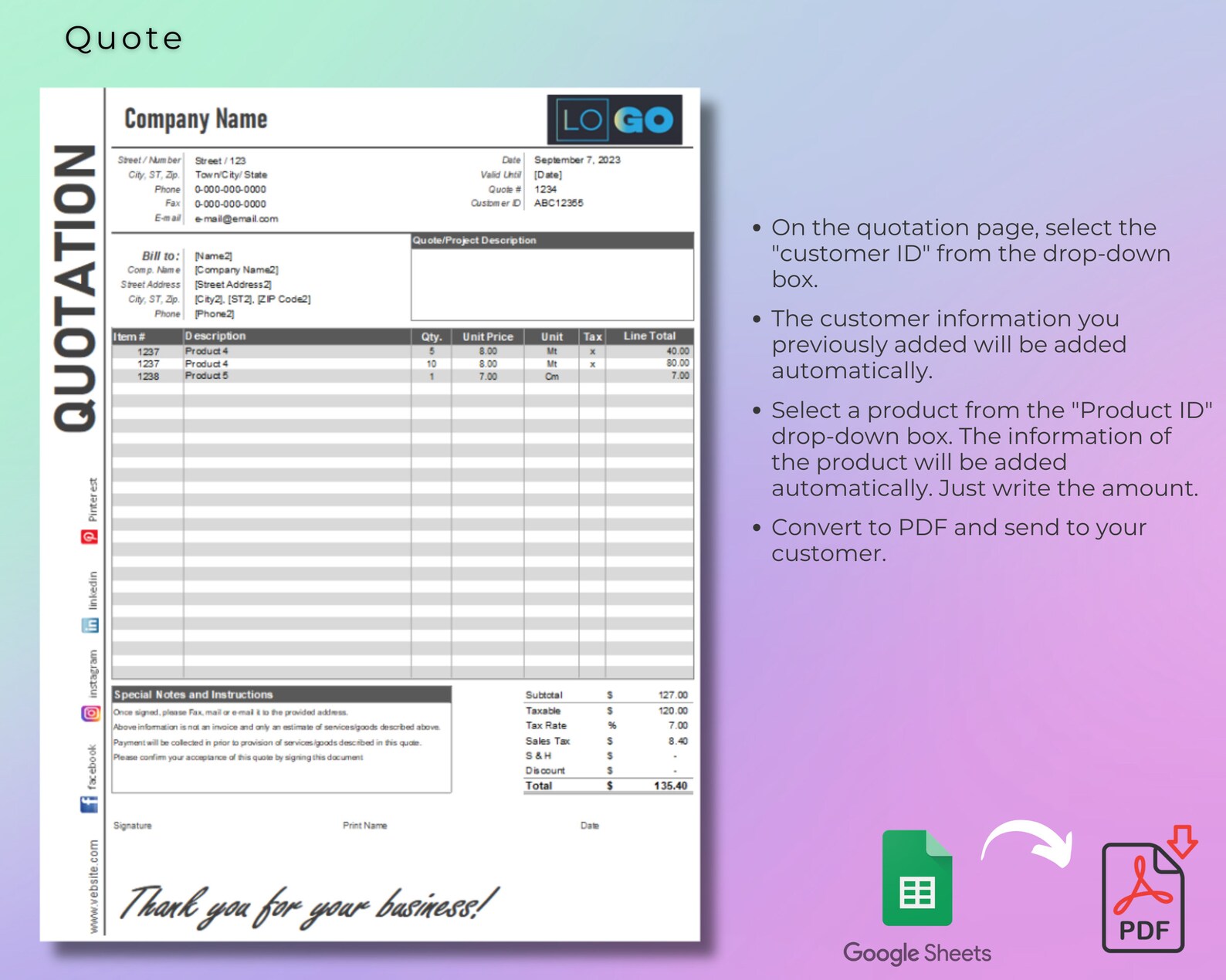 Price List and Quote Template, Google Sheets, PDF Convertible ...