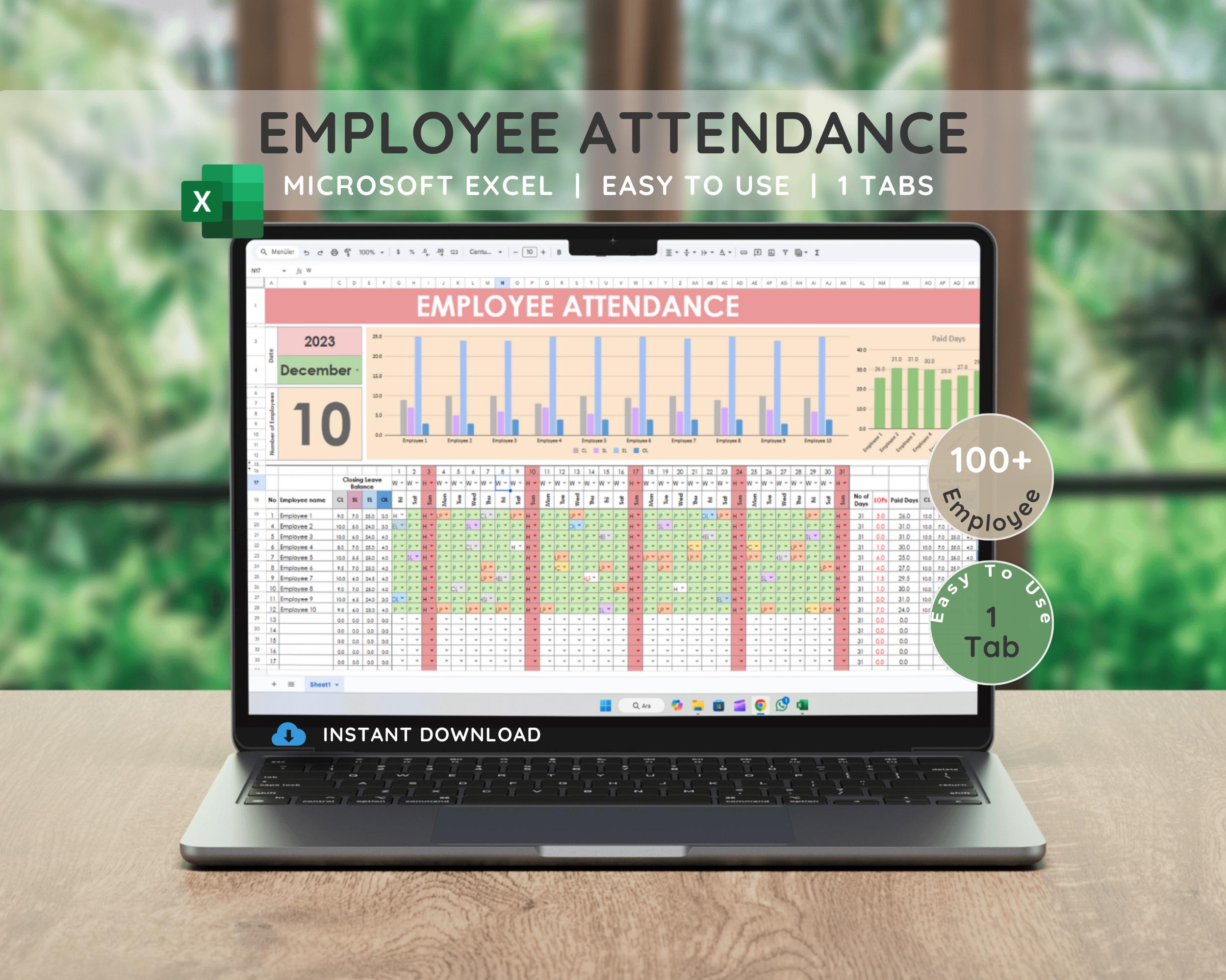 Excel Employee Attendance Tracker: Leave & Absence Chart (digital ...