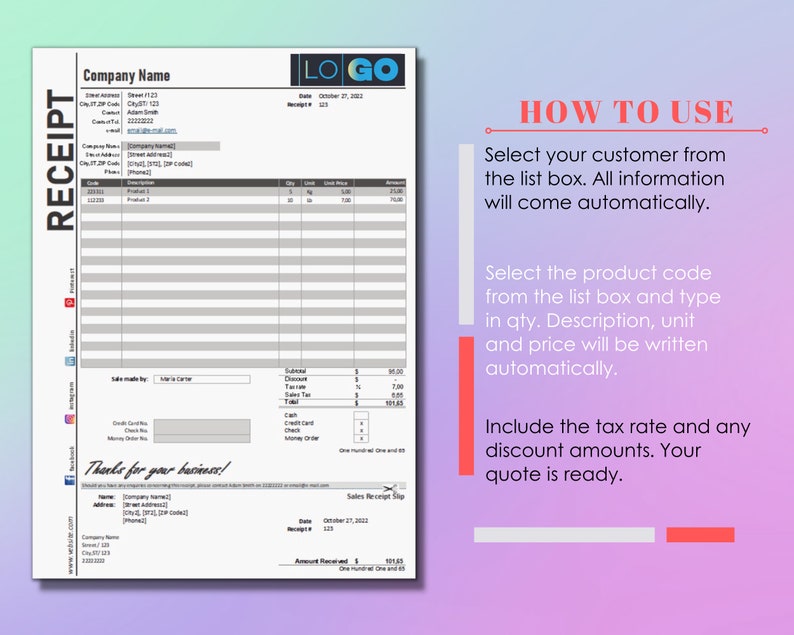 Advanced Invoice and Receipt Template, Selected From Customers and ...
