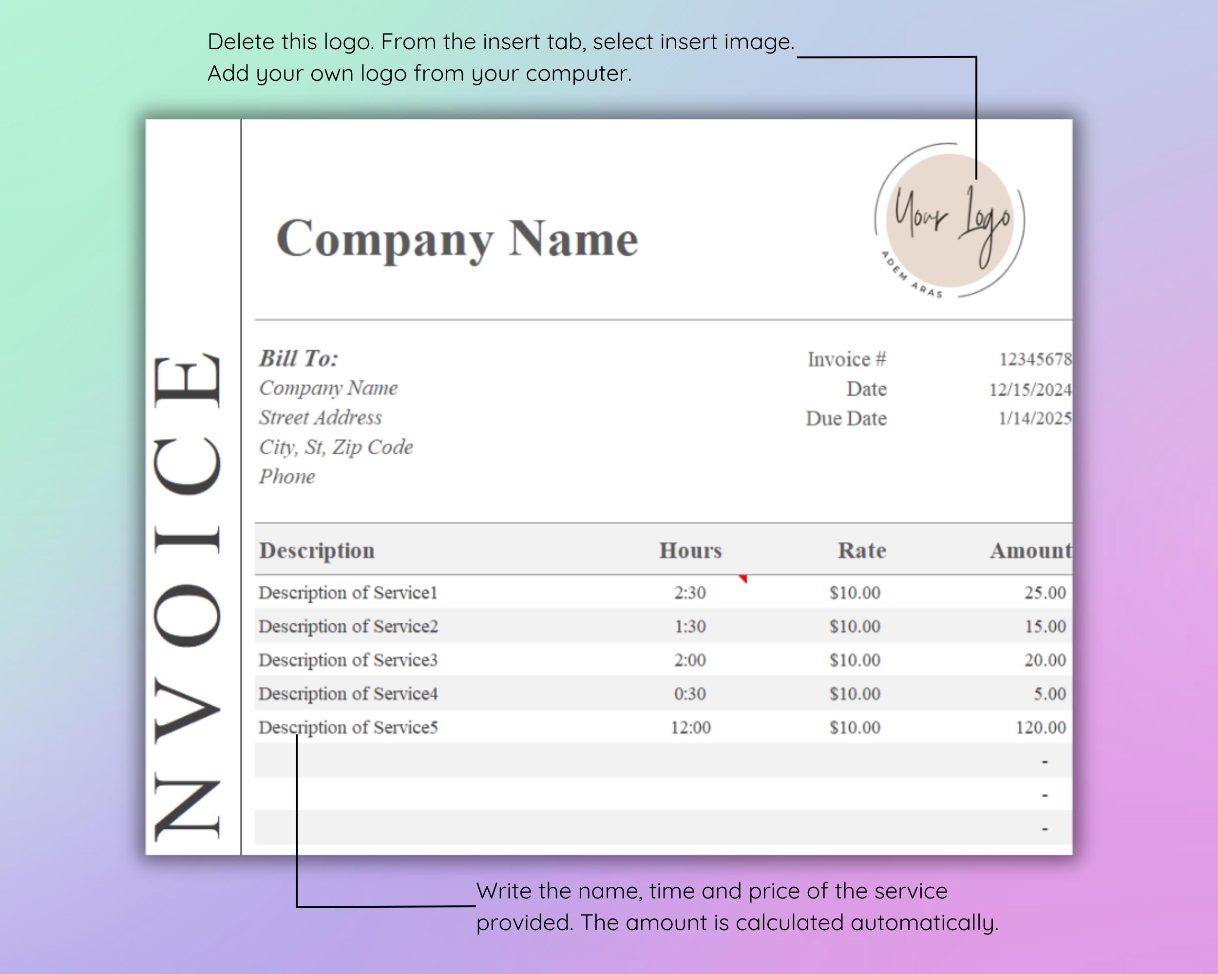 Editable Hourly Invoice Template: Automatic Calculation (excel, Google ...