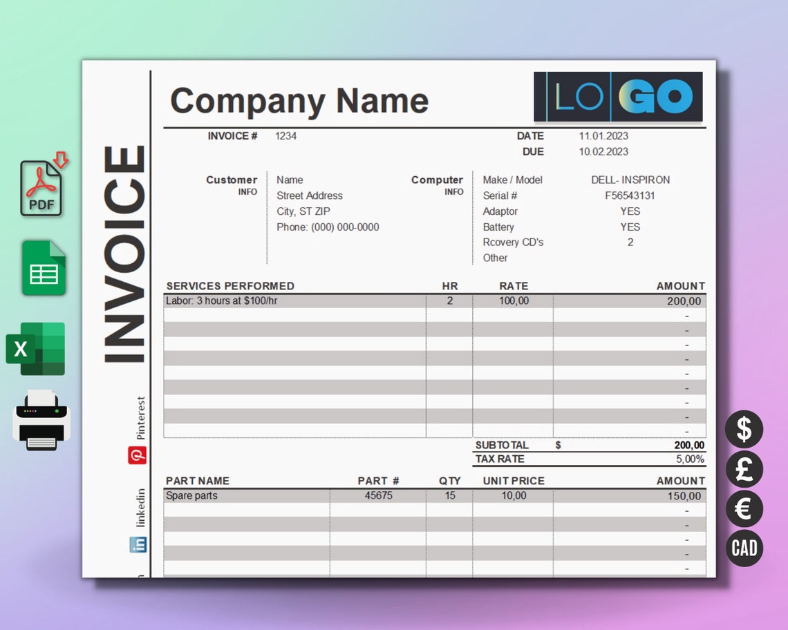 Computer Maintenance and Repair Invoice Template, Excel, Google Sheets ...