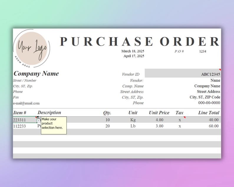 Advanced Purchase Order Form Template, Google Sheets, MS Excel ...