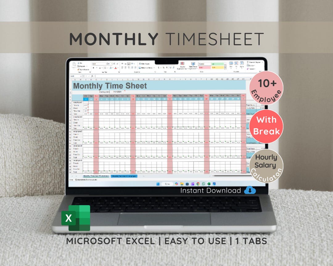 Monthly Timesheet for Multiple Employees, Employee Table, With Break ...
