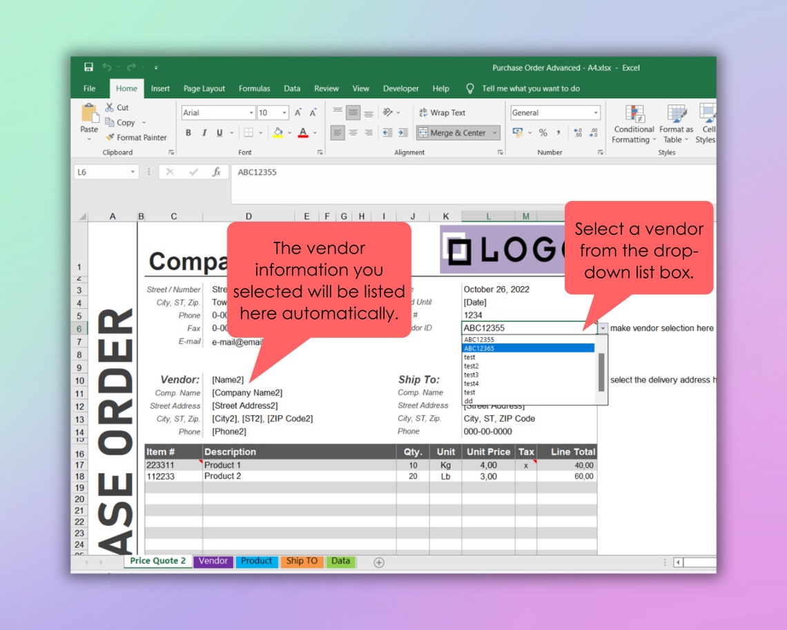 Advanced Purchase Order Form Template, Google Sheets, MS Excel ...