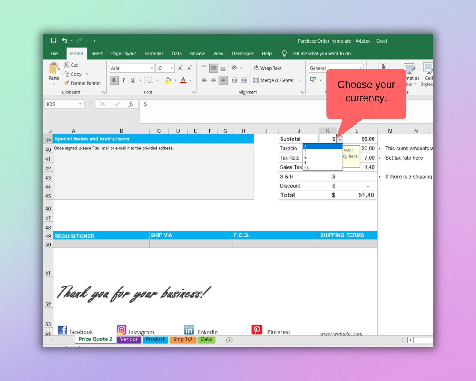 Advanced Purchase Order Form Template, Google Sheets, MS Excel ...