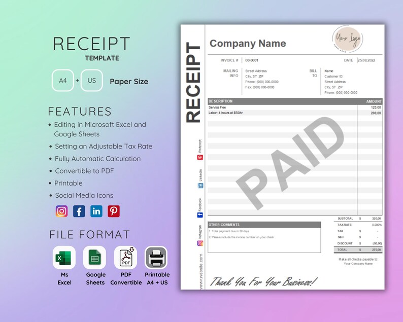 Printable Receipt Template for A4 and US Letter – Editable in Microsoft ...