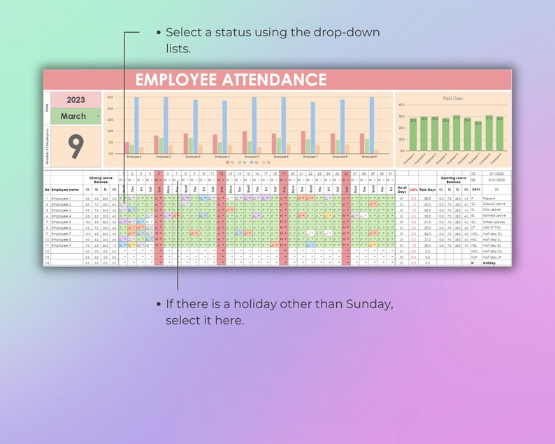 Excel Employee Attendance Tracker: Leave & Absence Chart (digital ...