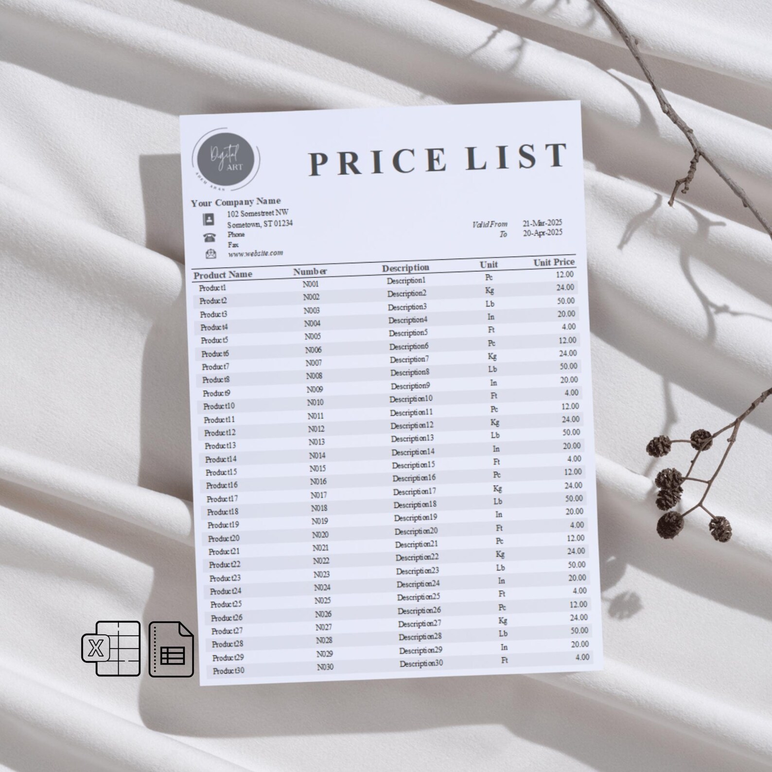 Price List Template, Microsoft Excel, Google Spreadsheet PDF ...