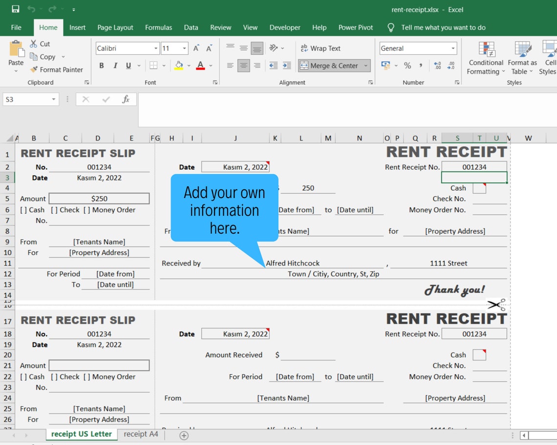 Rental Receipt Template Excel Google Sheets PDF Receipt - Etsy