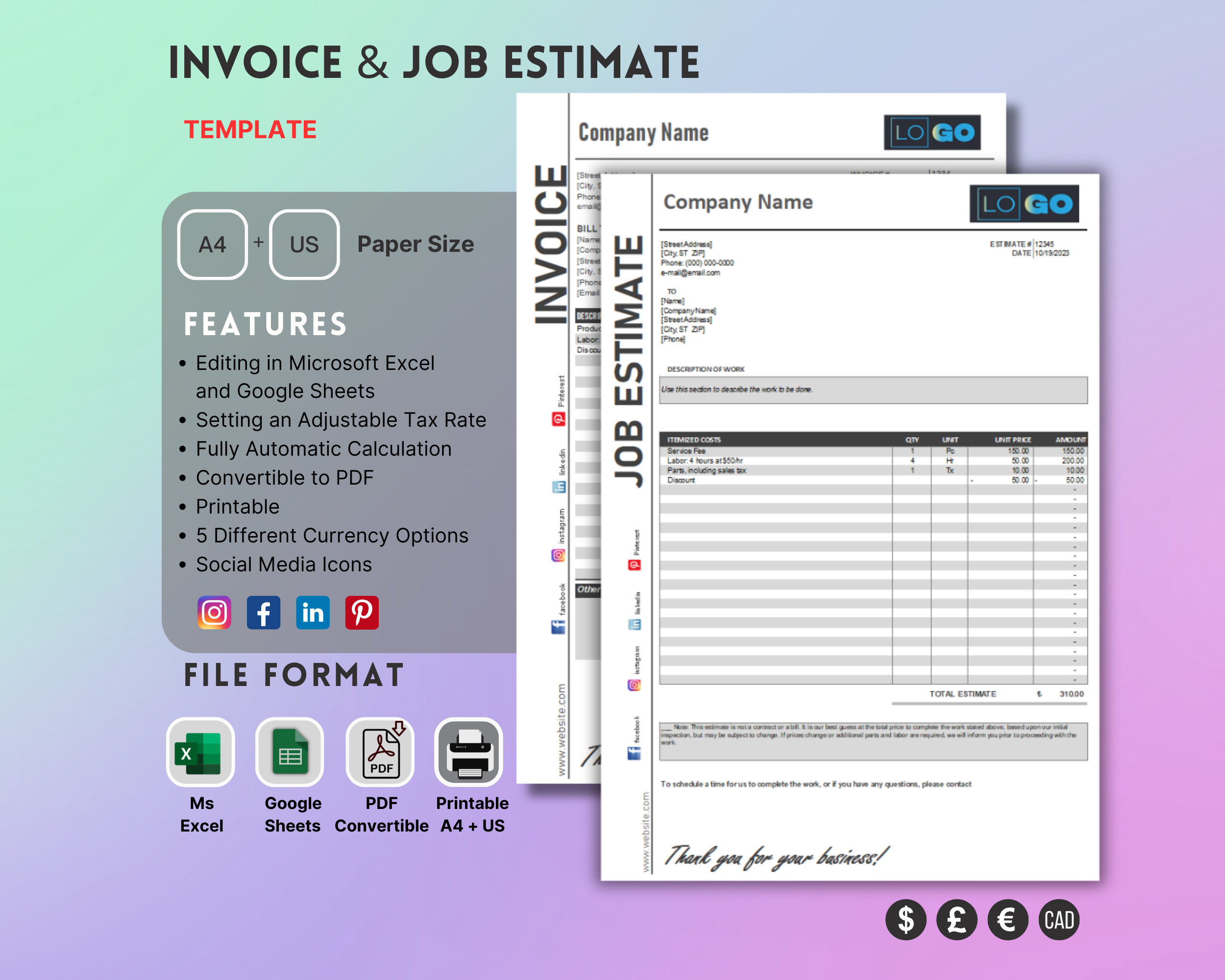 Invoice and Job Estimate Set of 2, Small Business Bundle, Google Sheets ...
