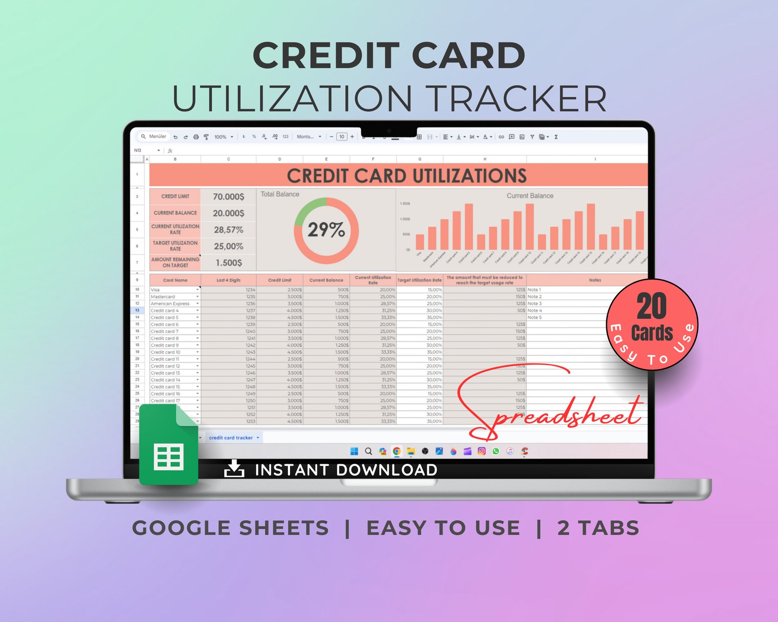 Credit Card Utilization, Google Sheets, Credit Card Tracker ...