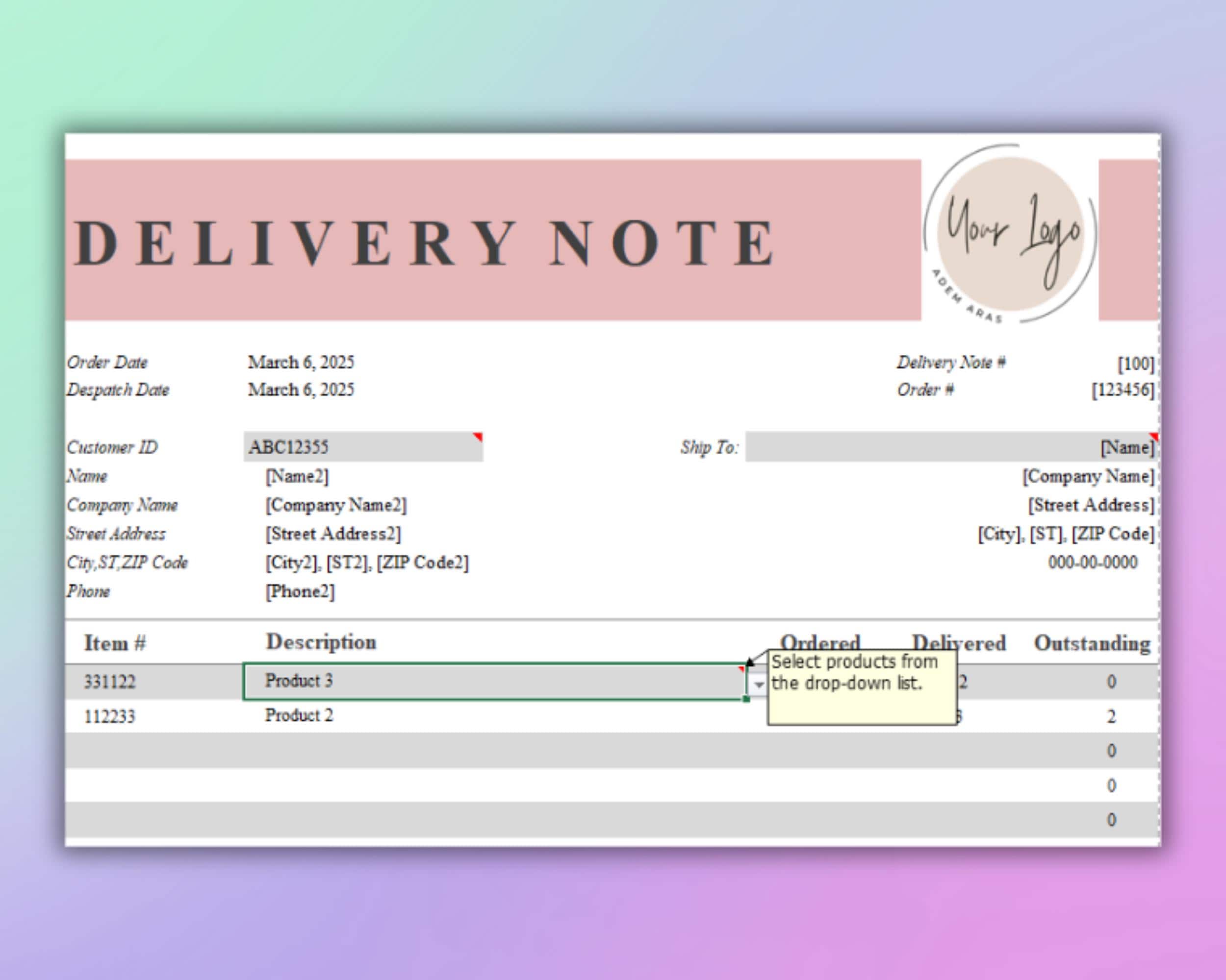 Delivery Note Template: Google Sheets & Excel Packing Slip (printable ...