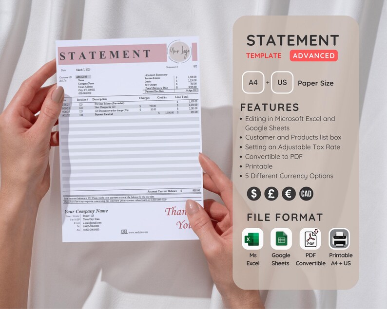 Advanced Account Statement Template: Excel & Google Sheets (PDF) - Etsy