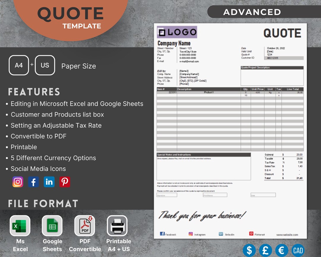 Advanced Quote Template Excel Google Sheets PDF - Etsy