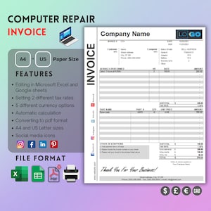 Computer Maintenance and Repair Invoice Template, Excel, Google Sheets ...