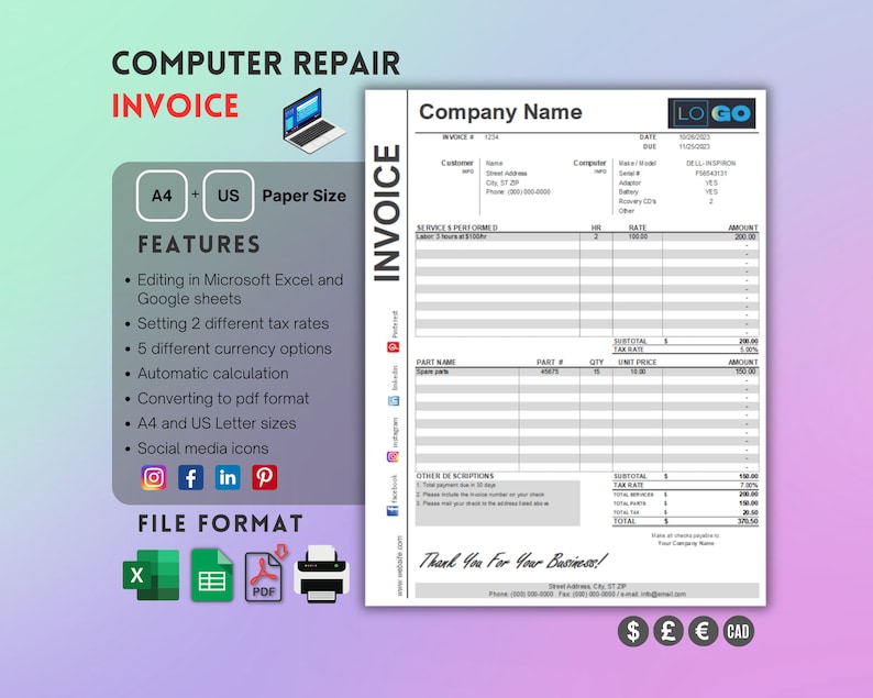 Computer Maintenance and Repair Invoice Template, Excel, Google Sheets ...