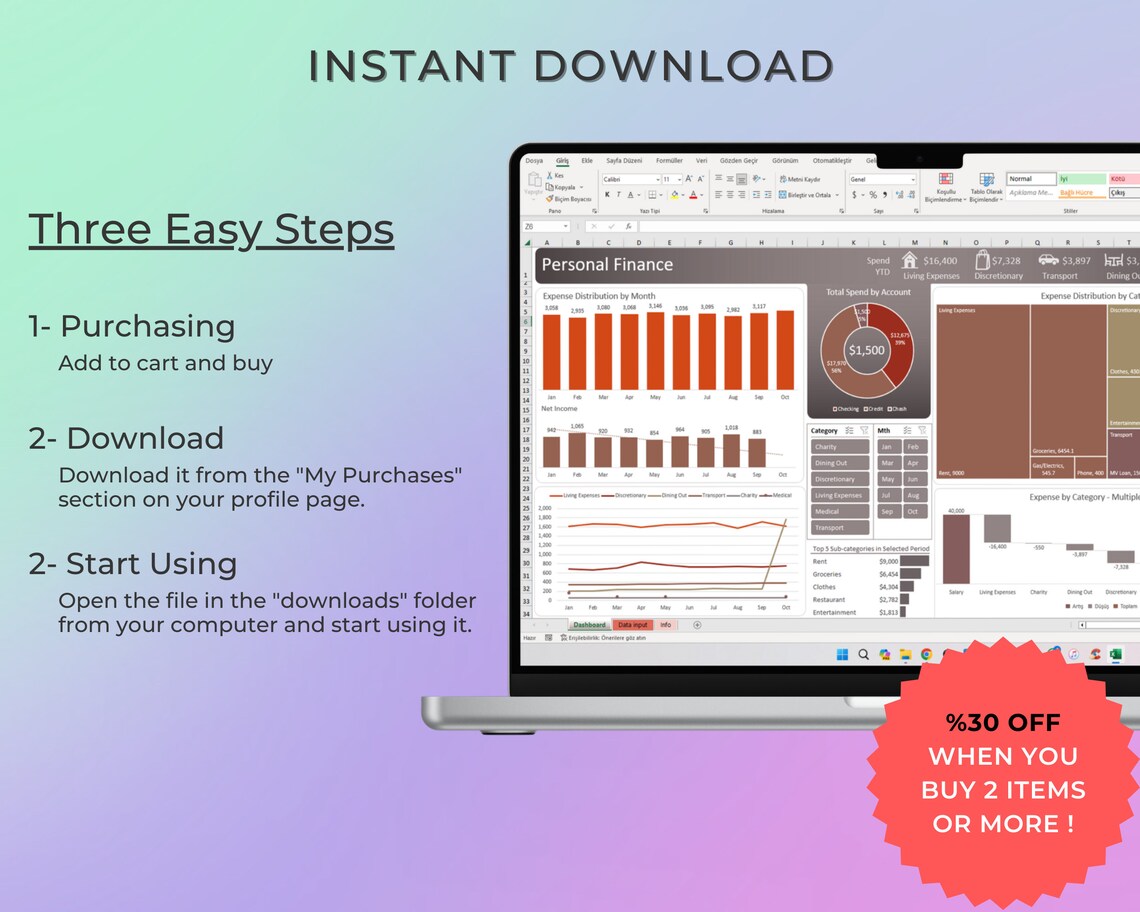 Personal Expense Income Tracking Spreadsheet for EXCEL, Personal Budget ...