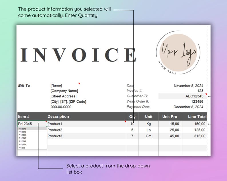 Advanced Invoice Template, Selected From Customers and Products List ...