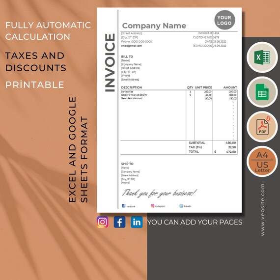 Invoice Template Excel and Google Sheets Easy Invoice - Etsy