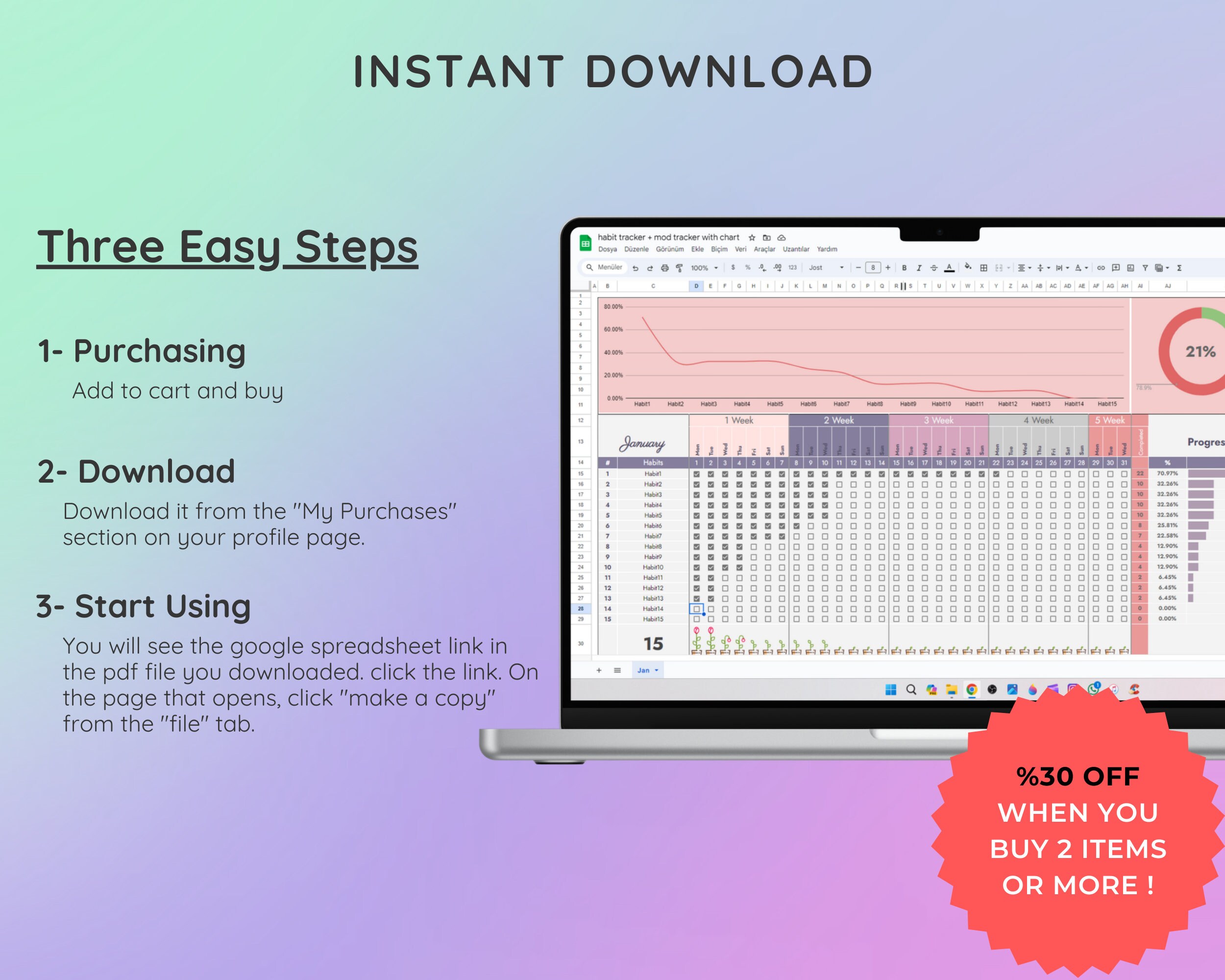 Habit Tracker Spreadsheet for Google Sheets, Daily, Weekly Planner ...