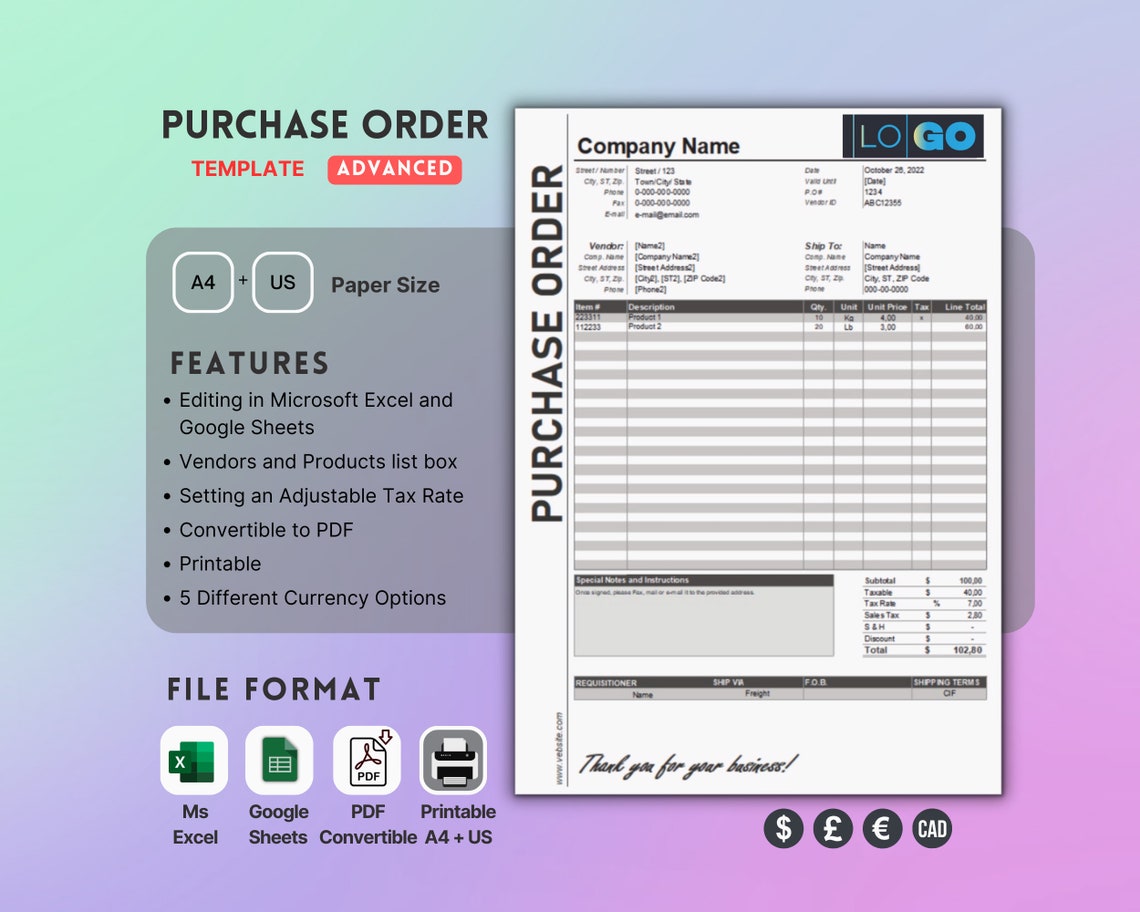 Advanced Purchase Order Form Template, Google Sheets, MS Excel ...