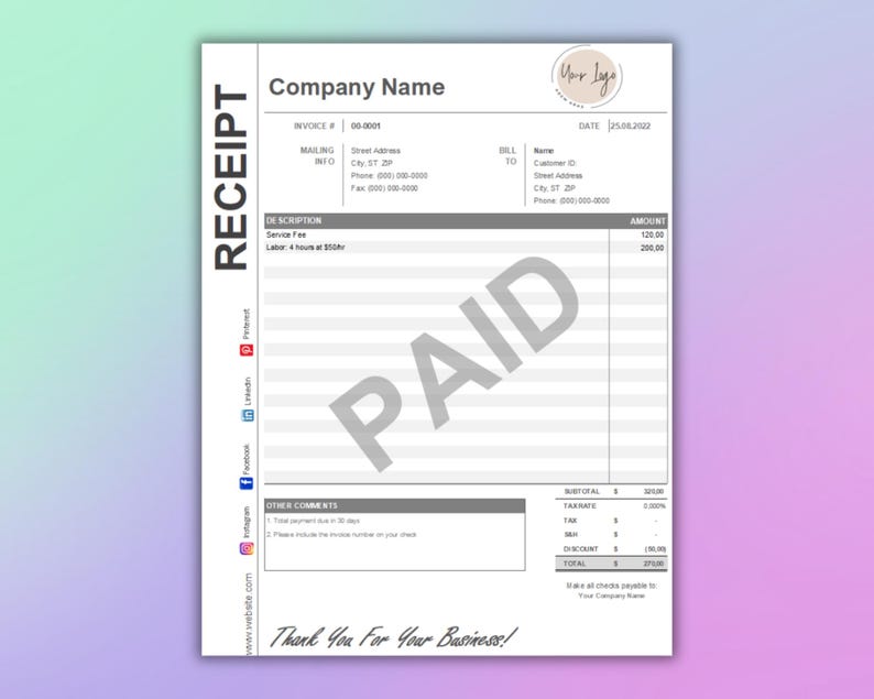 Printable Receipt Template for A4 and US Letter Editable in Microsoft ...