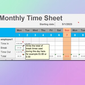 Monthly Timesheet for Multiple Employees, Employee Table, With Break ...